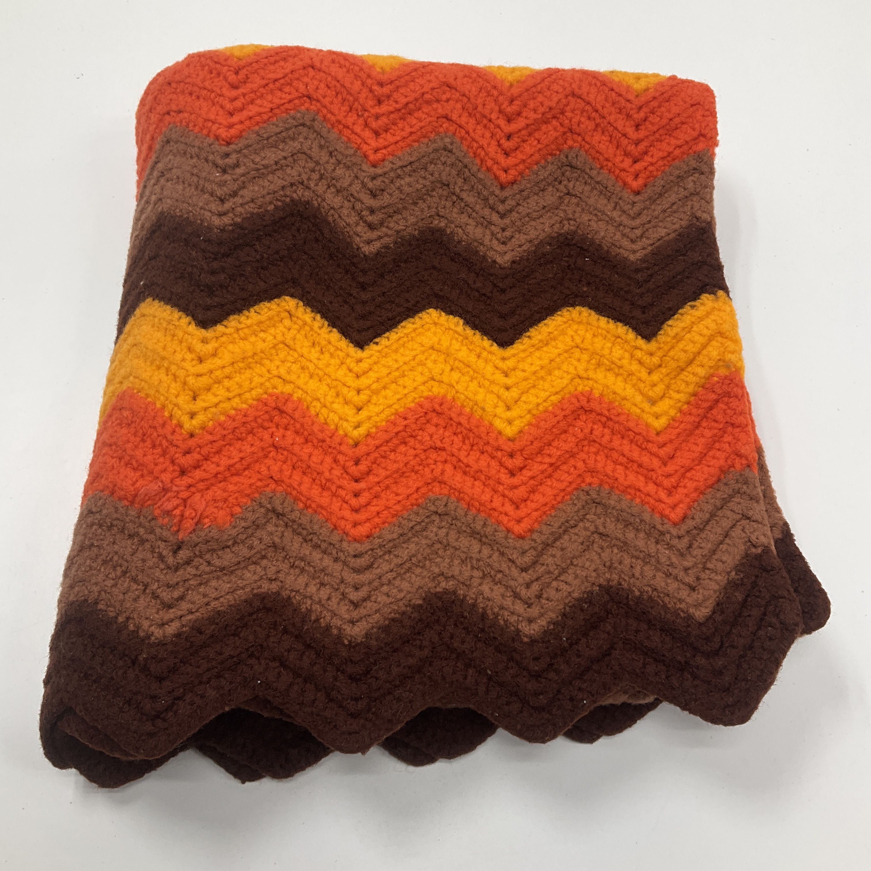 Vintage 1970s Crocheted Chevron Afghan Brown Orange Yellow Shrunken 30 ...