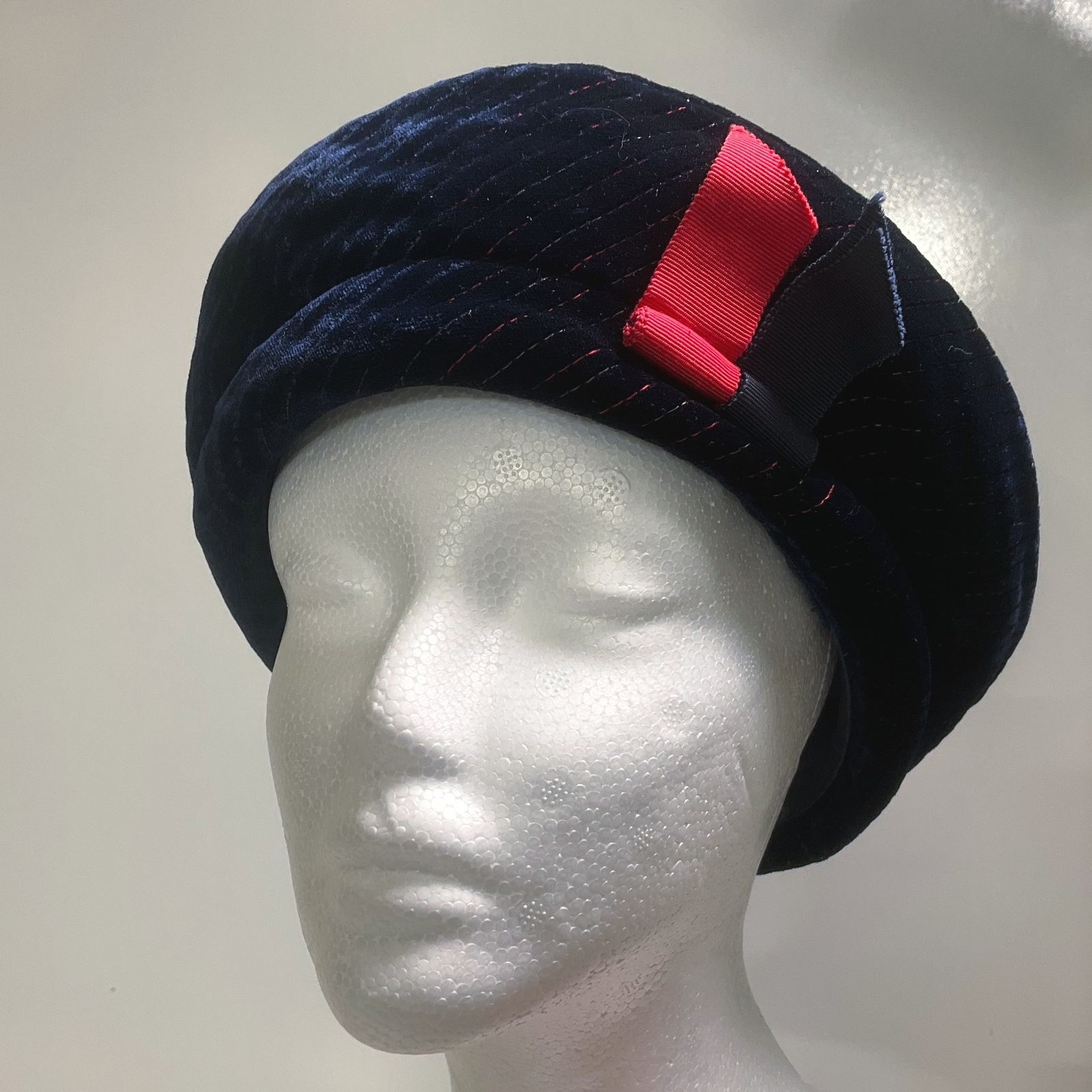 Vintage Suzi B Navy Velvet Beret Red White Pinstripe Stitching USA Uni ...